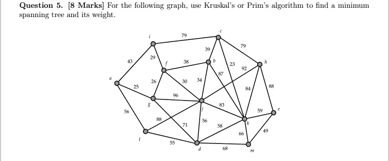 SOLVED: Question 5. [8 Marks] For the following graph use Kruskal or ...