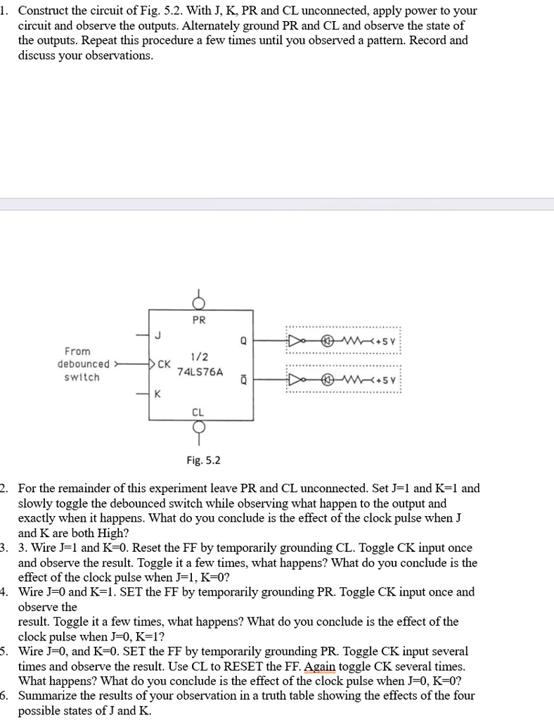 SOLVED: Construct the circuit of Fig. 5.2. With J, K, PR, and CL unconnected, apply power to ...