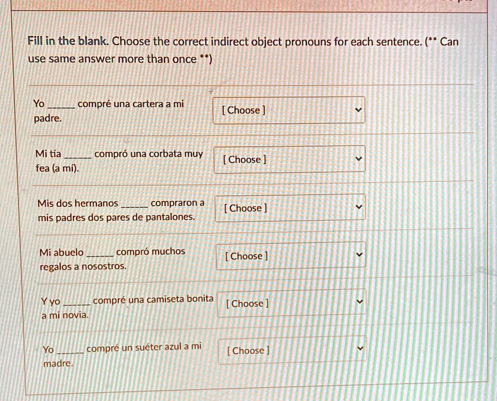 fill in the blank choose the correct indirect object pronouns for each ...