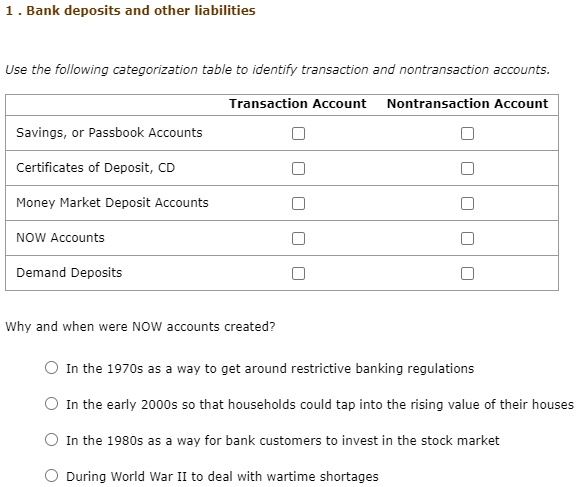 1. Bank deposits and other liabilities Use the following categorization table to identify ...