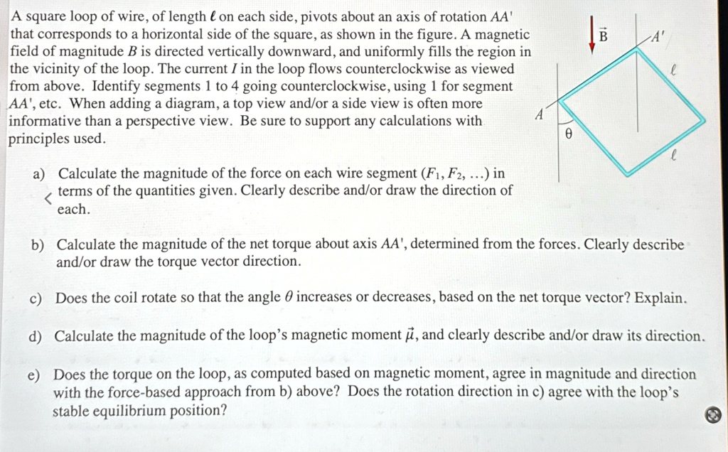 A square loop of wire, of length l on each side, pivots about an axis ...