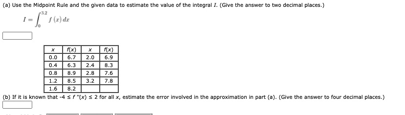 SOLVED: (a) Use the Midpoint Rule and the given data to estimate the value of the integral ...
