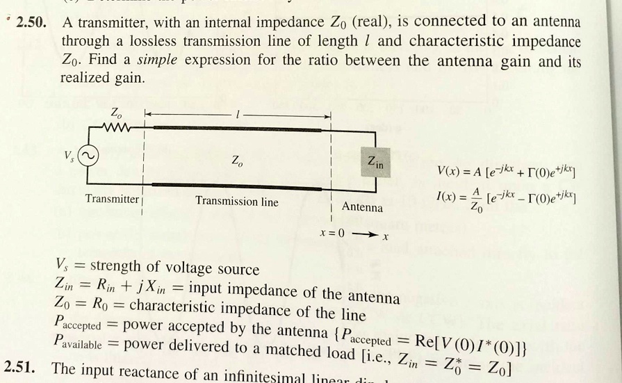 2.50. A transmitter, with an internal impedance Z0 (real), is connected to an antenna through a ...