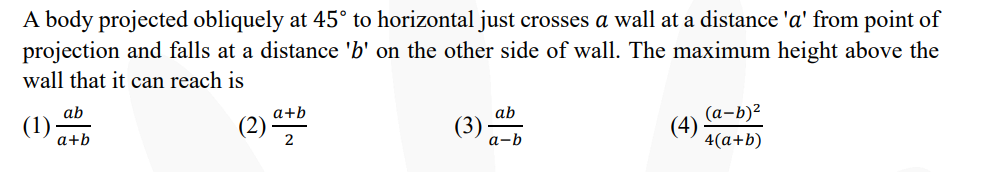 A body projected obliquely at 45^∘ to horizontal just crosses a wall at ...