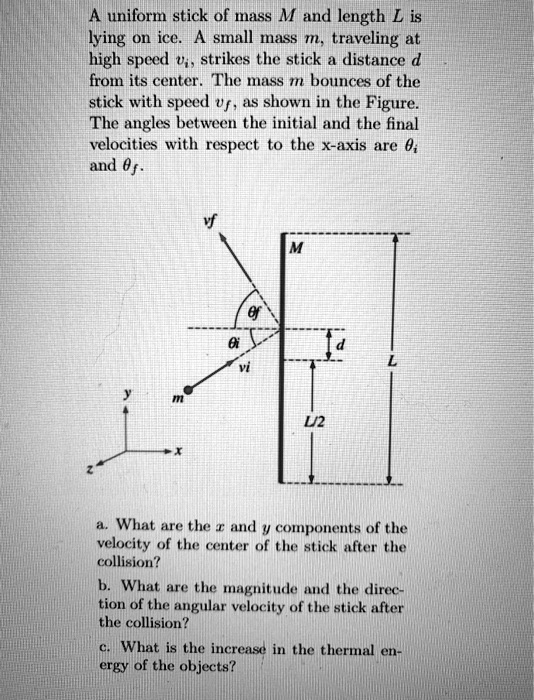 SOLVED: A uniform stick of mass M and length L is lying on ice. A small ...