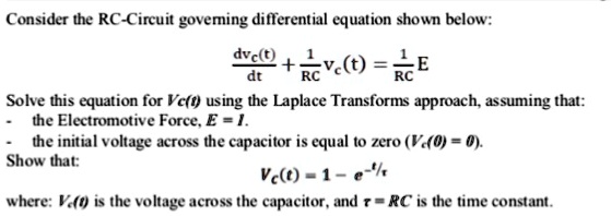 SOLVED: Consider the RC-Circuit governing differential equation shown below: dt RC Solve this ...