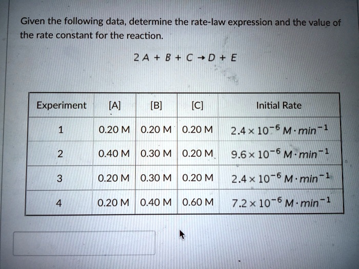 SOLVED: Given the following data, determine the rate-law expression and the value of the rate ...