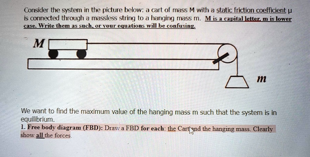 SOLVED: Consider the system in the picture below: a cart of mass M with a static friction ...