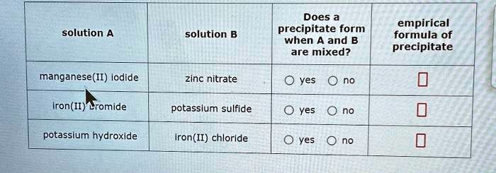 [GET ANSWER] solution A solution B Does a precipitate form when A and B ...