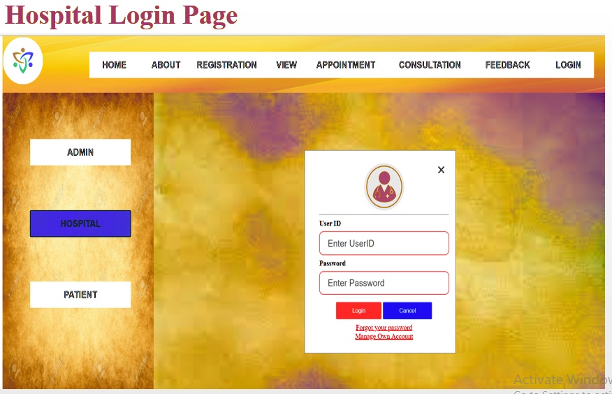 Hospital Login Page ADMIN HOSPITAL PATIENT HOME ABOUT REGISTRATION VIEW ...