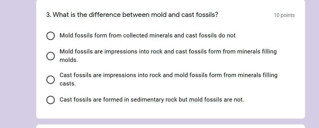SOLVED: 'What is the difference between mold and cast fossils? number 1 ...
