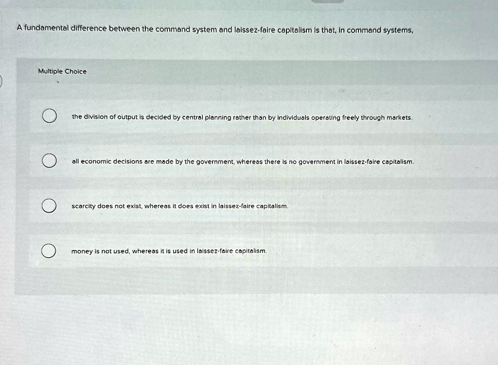 SOLVED: A fundamental difference between the command system and laissez-faire capitalism is that ...