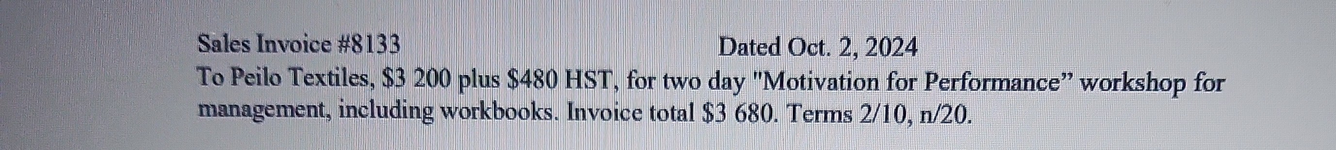 SOLVED: Sales Invoice # 8133 Dated Oct. 2, 2024 To Peilo Textiles ...