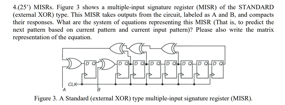 SOLVED: 4. (25') MISRs. Figure 3 shows a multiple-input signature ... SOLVED: 4. (25') MISRs. Figure 3 shows a multiple-input signature ...