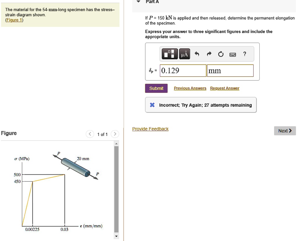 SOLVED: The material for the 54-mm-long specimen has the stress-strain diagram shown. (Figure 1 ...