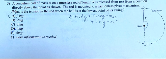 SOLVED: A pendulum ball of mass m on a massless rod of length R is released from rest from ...