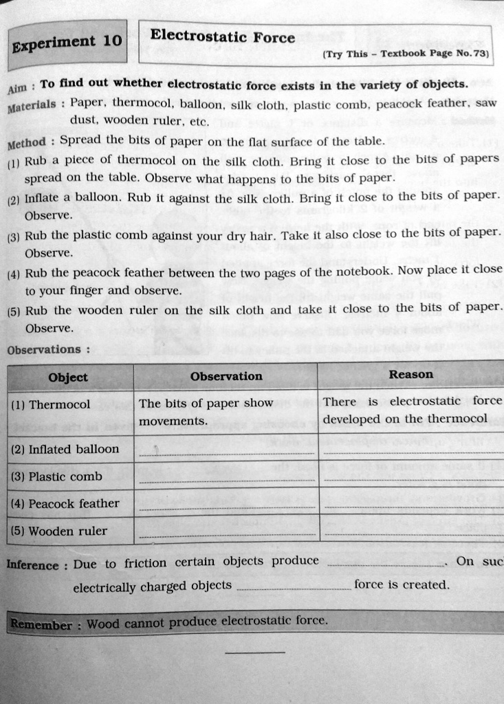 Experiment 10 Electrostatic Force (Try This - Textbook Page No.73) Aim ...