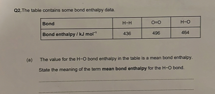 SOLVED: Q2. The table contains some bond enthalpy data. Bond H-H O=O H-O Bond enthalpy / kJmol ...