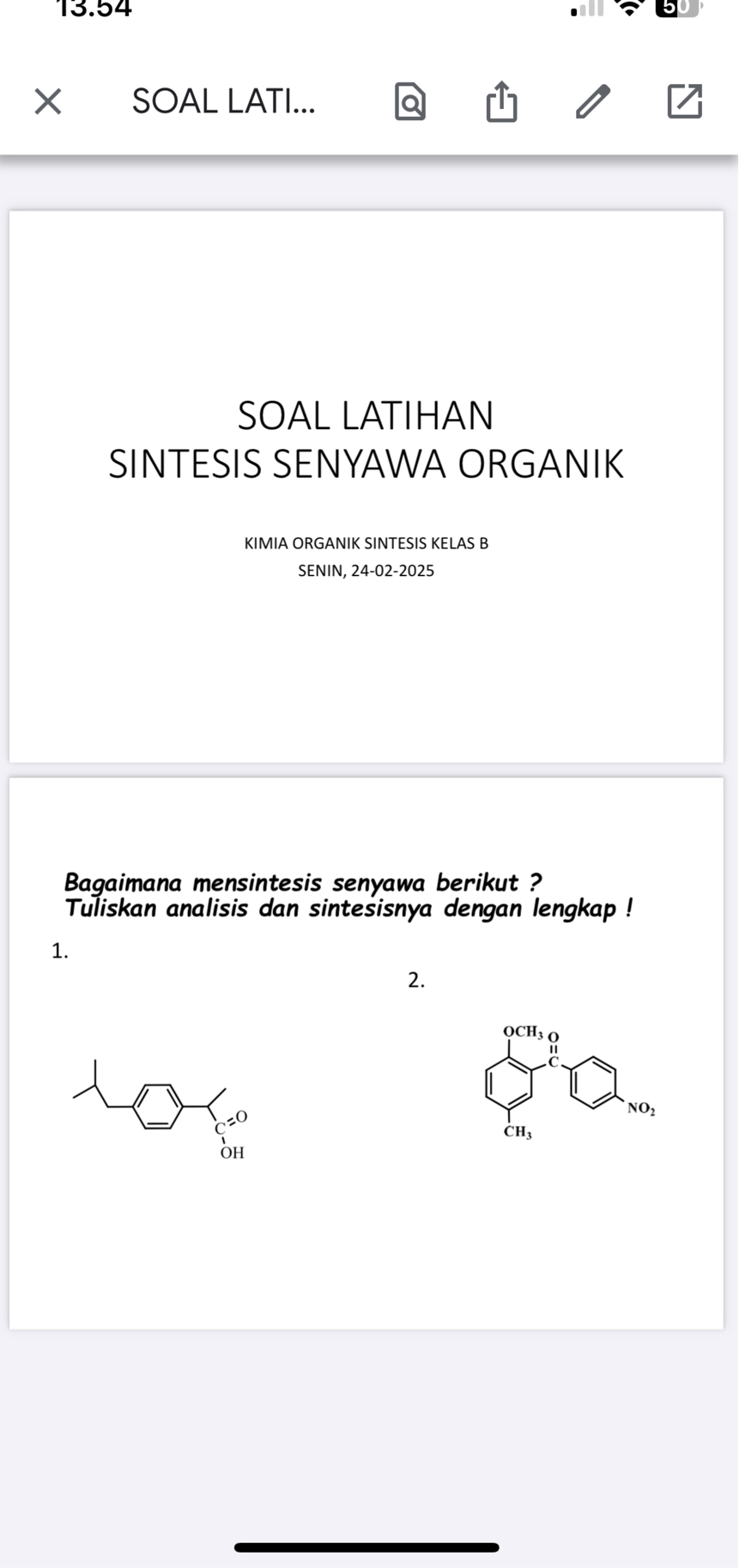 SOAL LATI... ? ? SOAL LATIHAN SINTESIS SENYAWA ORGANIK KIMIA ORGANIK ...