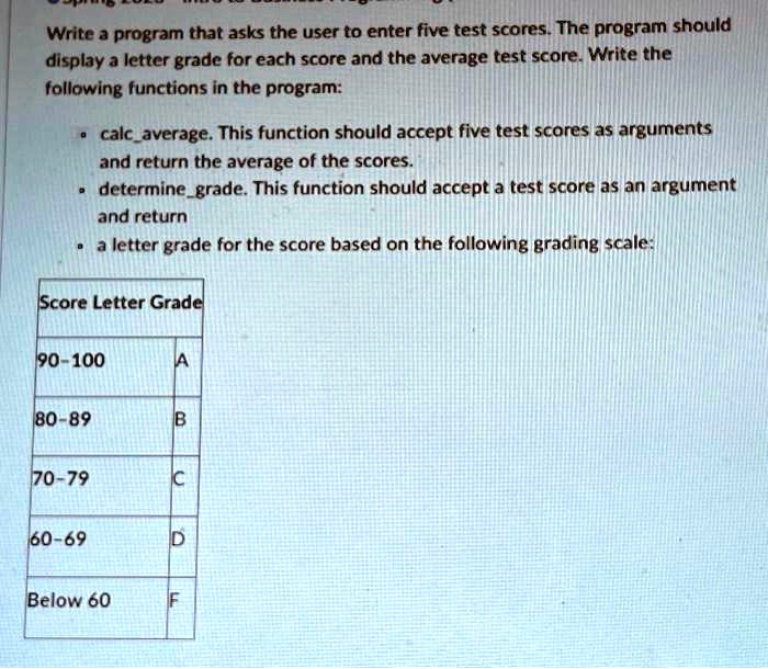 in python write a program that asks the user to enter five test ...