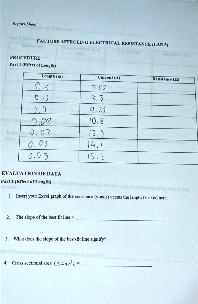 report sheet factors affecting electrical resistance lab 5 procedure part 1 effect of length ...
