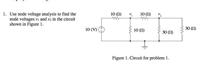 1. Use node voltage analysis to find the node voltages v1 and v2 in the circuit shown in Figure 1.