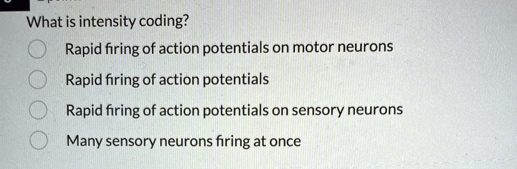 What is intensity coding? Rapid firing of action potentials on motor neurons Rapid firing of ...