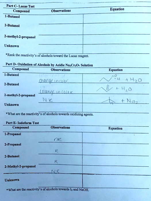 SOLVED: Part C- Lucas Test Compound 1-Butanol Observatins Equation 2 ...