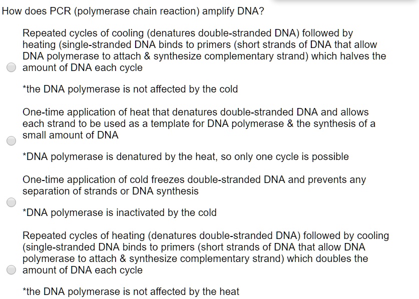 SOLVED: How does PCR (polymerase chain reaction) amplify DNA? Repeated ...
