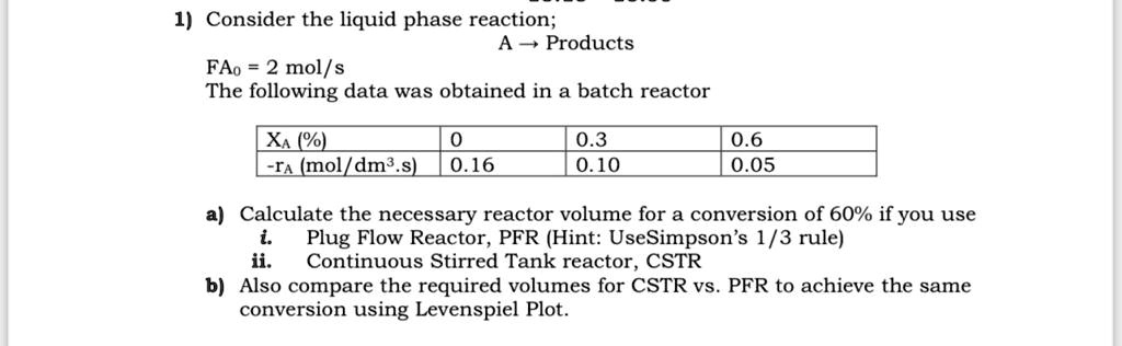 SOLVED: Texts: 1) Consider the liquid phase reaction: A -> Products ...