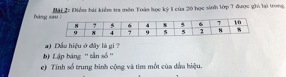 Bài 2: ?i?m bài ki?m tra môn Toán h?c k? I c?a 20 h?c sinh l?p 7 ???c ghi l?i trong b?ng sau : 8 ...
