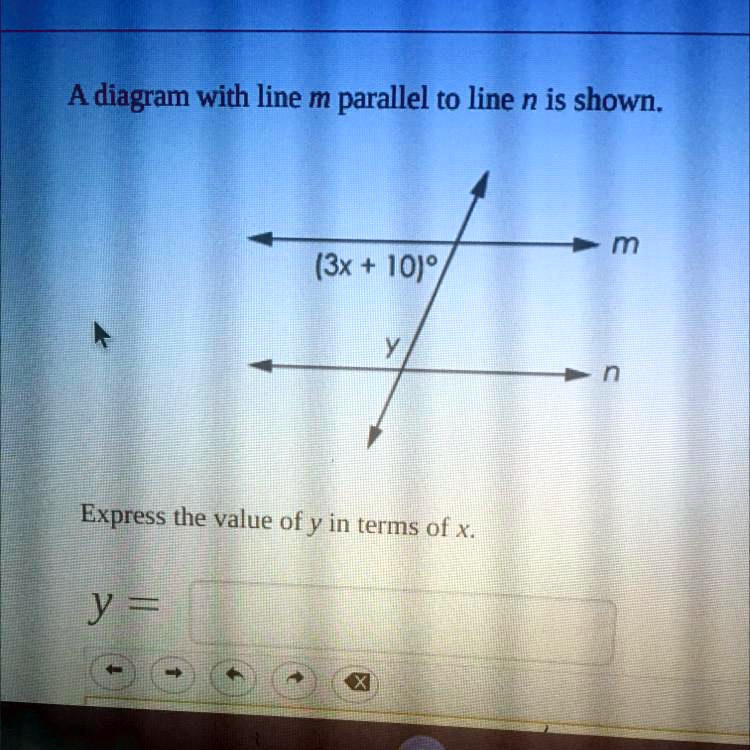 A diagram with line m parallel to line n is shown. (3x + 10)° m y n Express the value of y in ...