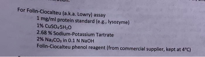 SOLVED: For Folin-Ciocalteu (a.k.a. Lowry) assay, 1 mg/ml protein ...