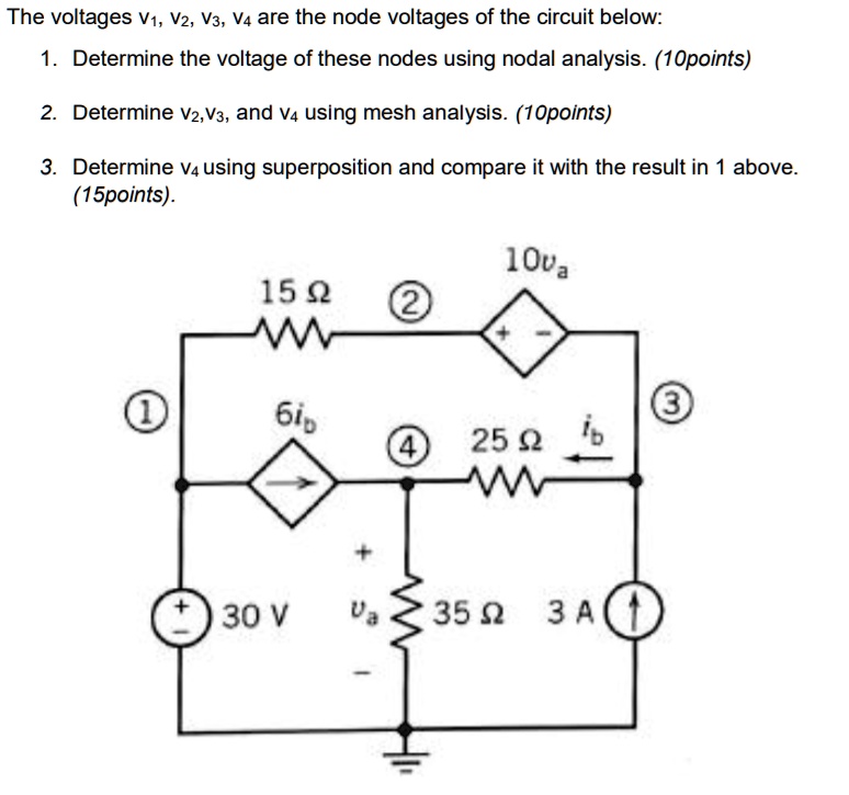 The voltages V1, V2, V3, V4 are the node voltages of the circuit below: 1. Determine the voltage ...