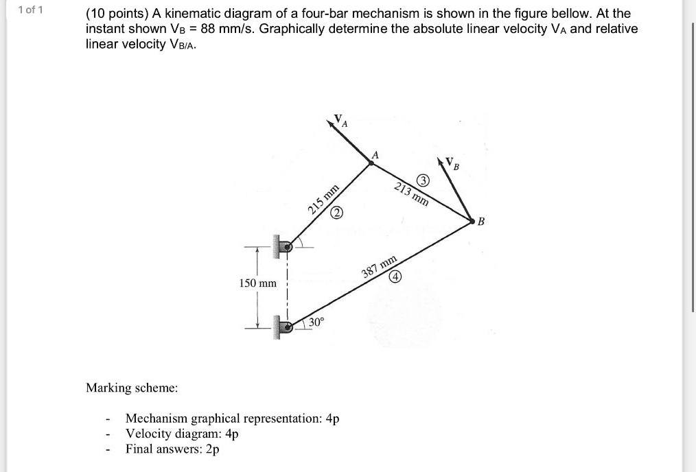 SOLVED: 10 points A kinematic diagram of a four-bar mechanism is shown in the figure below. At ...