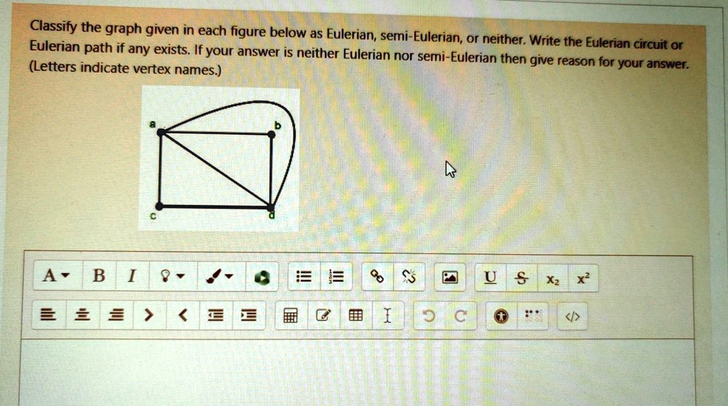 Solved Classify The Graph Given In Each Figure Below As Eulerian Semi Eulerian Eulerian Path