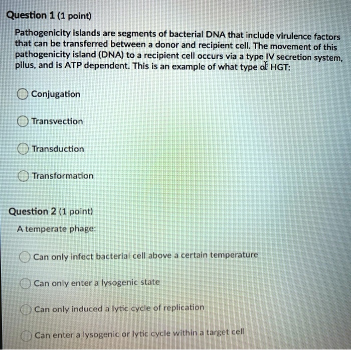 SOLVED:Question 1 (1 point) Pathogenicity islands are segments of ...