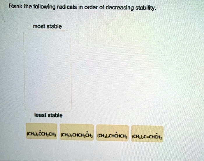 SOLVED: Rank the following radicals in order of decreasing stability. most stable least stable ...