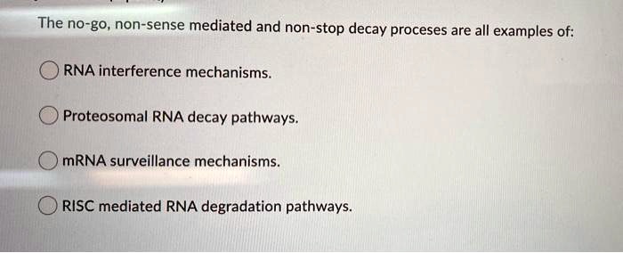 SOLVED: The no-go, nonsense-mediated, and non-stop decay processes are all examples of: RNA ...