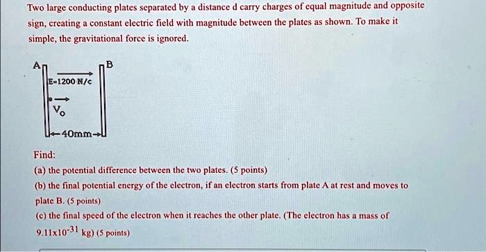 SOLVED: Two large conducting plates separated by a distance d carry ...