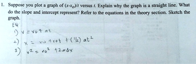 1. Suppose you plot a graph of (x-x0)/t versus t. Explain why the graph is a straight line. What ...
