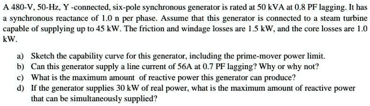 Solved A 480 V 50 Hz Y Connected Six Pole Synchronous Generator Is Rated At 50 Kva At 0 8 Pf