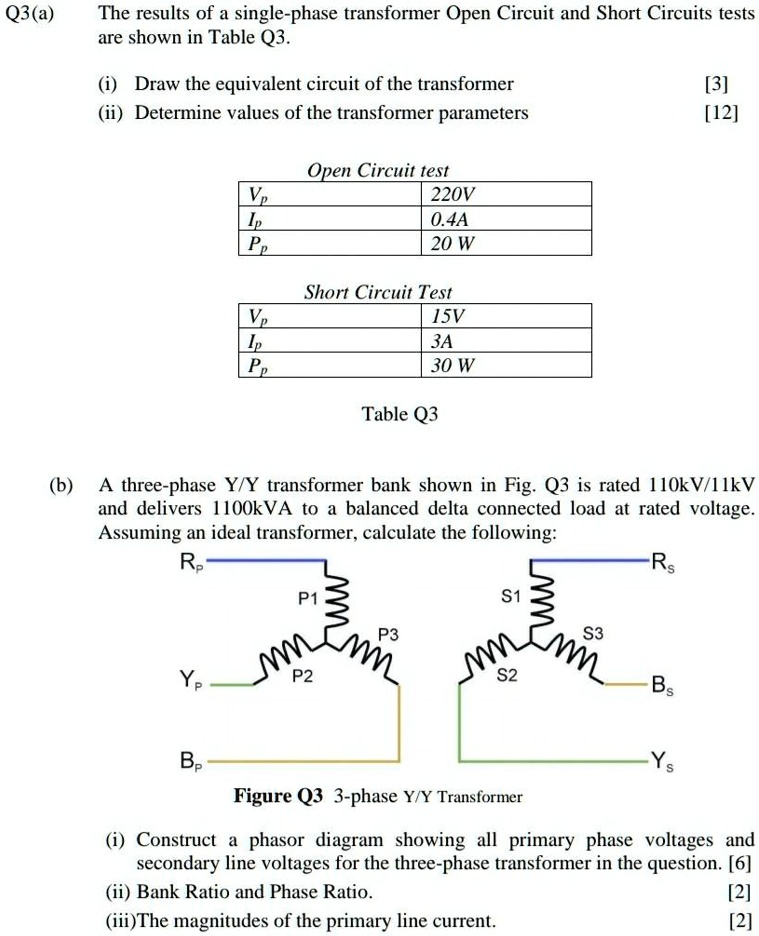 q3a the results of a single phase transformer open circuit and short ...