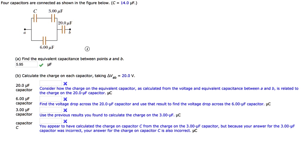 SOLVED: Four capacitors are connected as shown in the figure below. (C 14.0 Î¼F.) 3.00 pF 20.0 ...