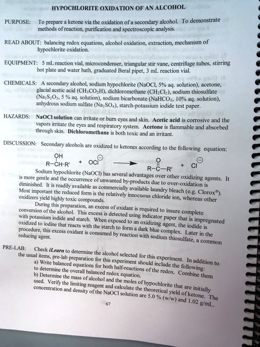 hypochlorite oxidation of analcohol purpose to prepare ketone via the ...