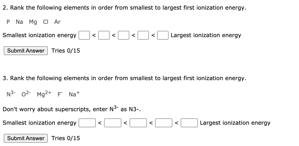 2. Rank the following elements in order from smallest to largest first ...