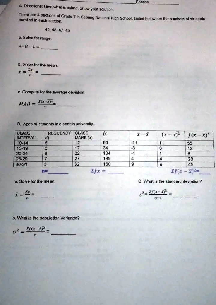 section directions give what is asked show your solution there are sections of grade 7 in sabang ...