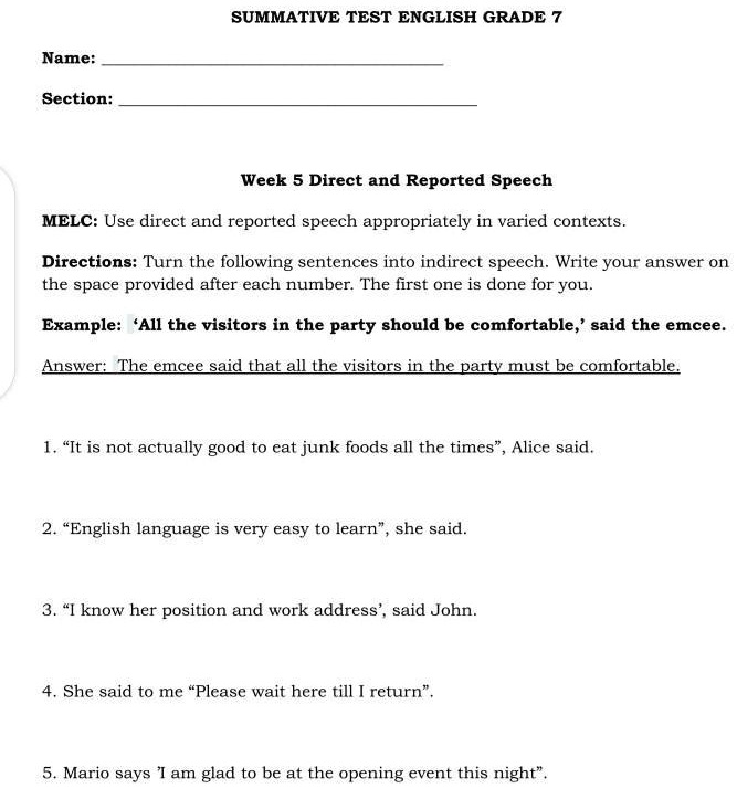 SOLVED: SUMMATIVE TEST ENGLISH GRADE 7 Name: Section: Week 5 Direct and ...