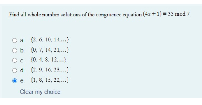 Find all whole number solutions of the congruence equation (4 x+1) ≡ 33 ...