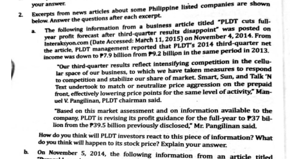 SOLVED: your answer. 2. Excerpts from news articles about some ...